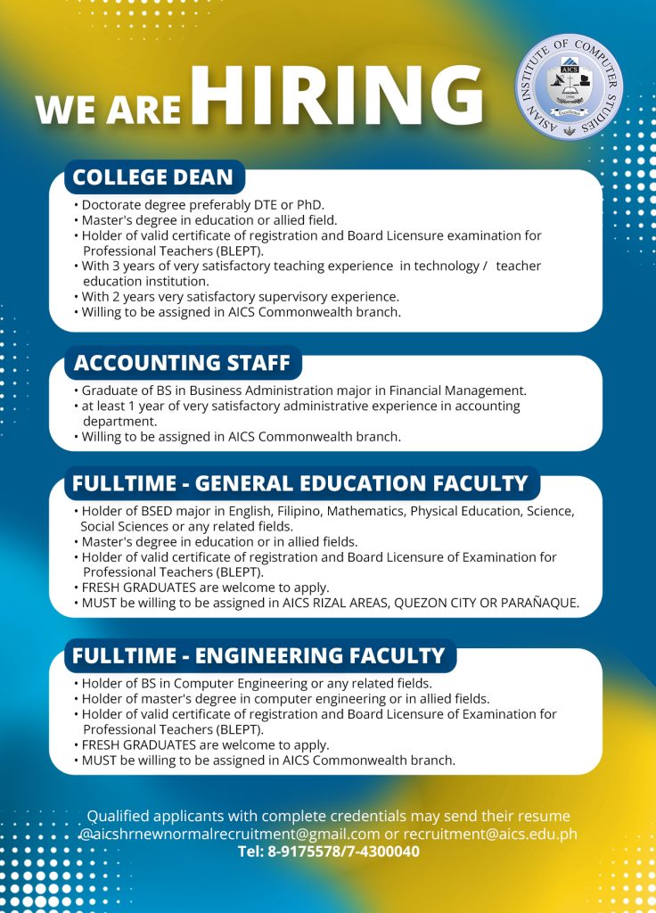 We Are Hiring Qualified Applicants – Asian Institute of Computer Studies